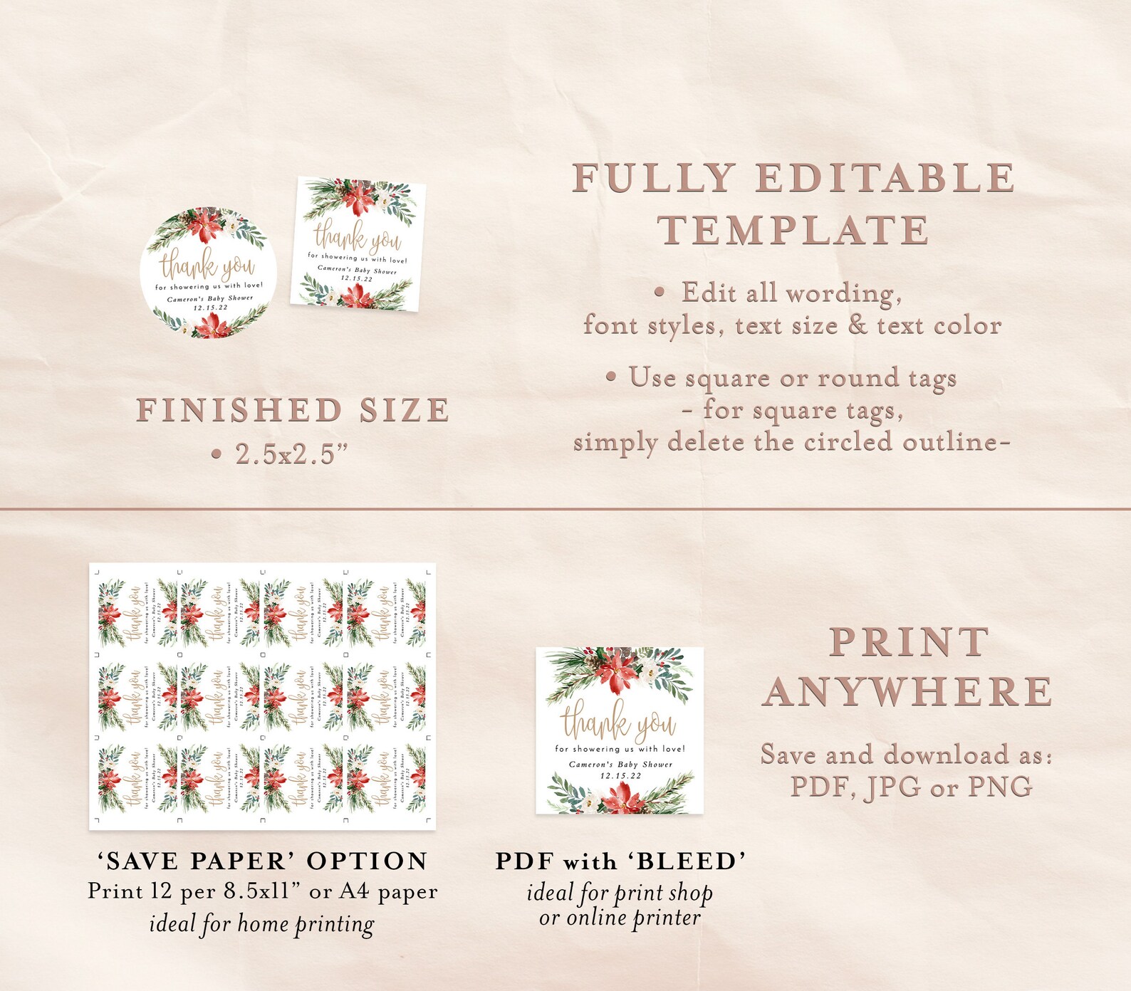 Winter Favor Tag Template Round Square Holiday Tag - Etsy