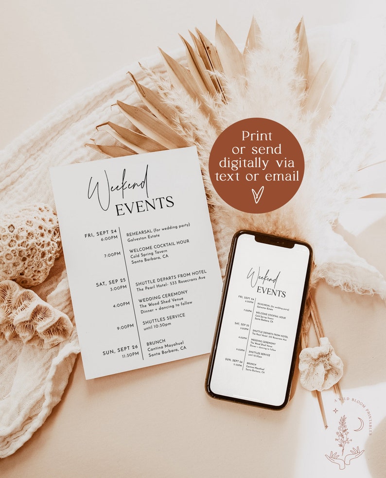 Minimalist Wedding Events Card Template Modern Weekend - Etsy