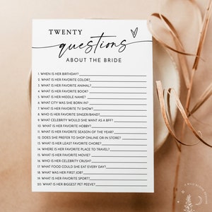 20 Questions About the Bride, Minimalist Bridal Shower Game, Modern ...