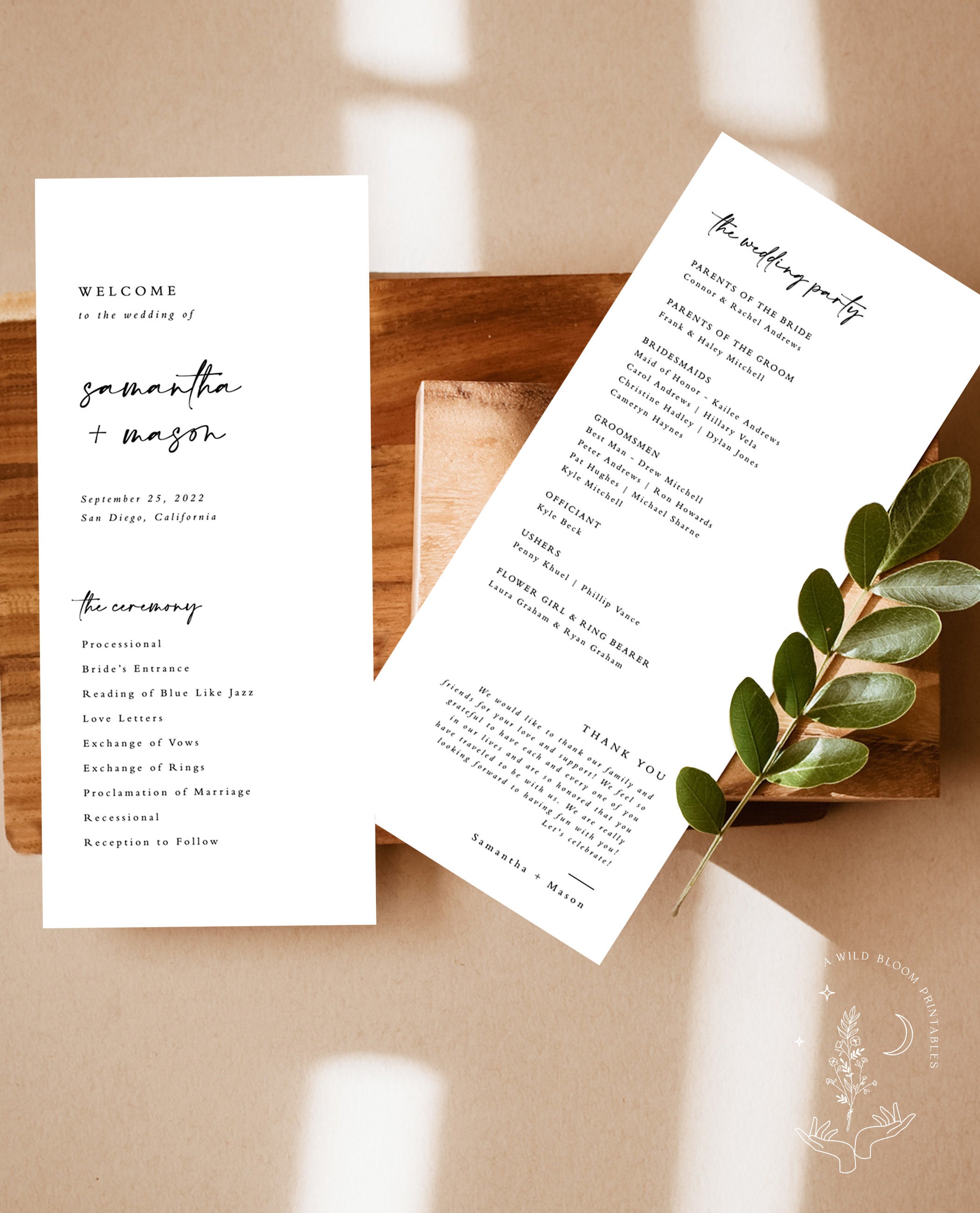 Minimalist Wedding Program Template Printable Order of | Etsy
