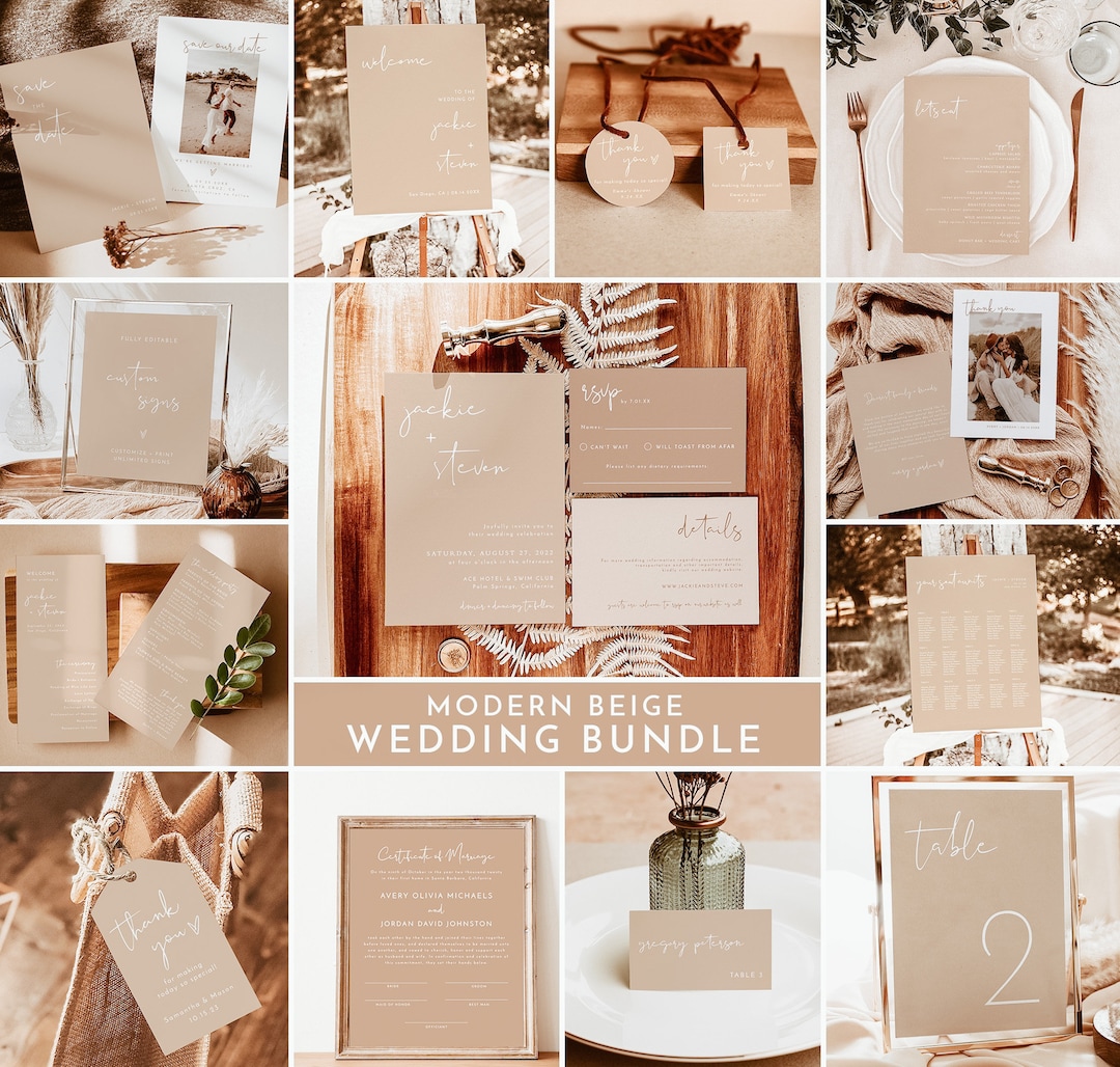 Modern Beige Wedding Bundle Template, Editable Minimalist Wedding ...