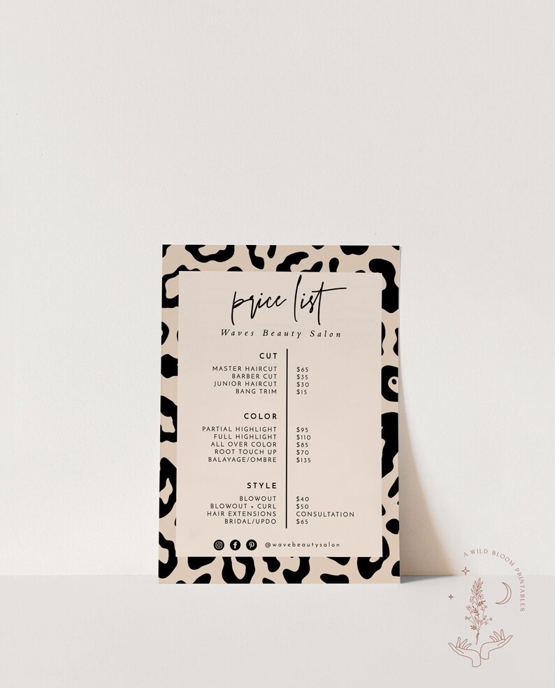 Leopard Print Price List Template, Boho Small Business, Beauty Price ...