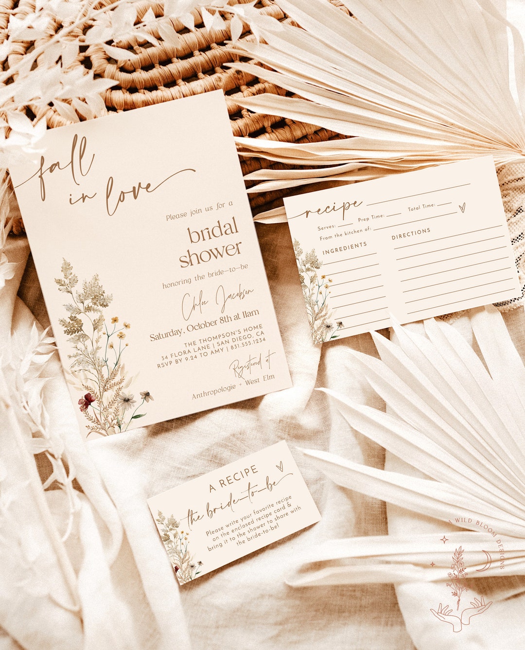 Fall Bridal Shower Invitations, Bridal Shower Bundle, Recipe Card, Fall ...