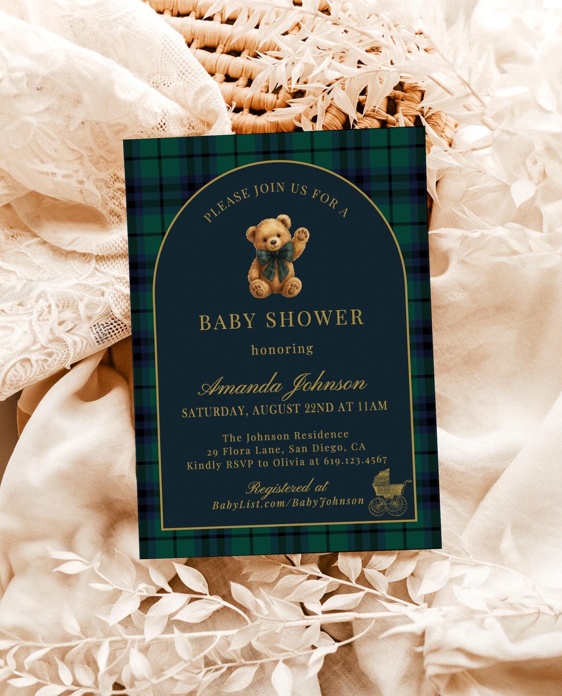 Classic Plaid Baby Shower Invitation, Bear Dark Green Blue Plaid Shower ...