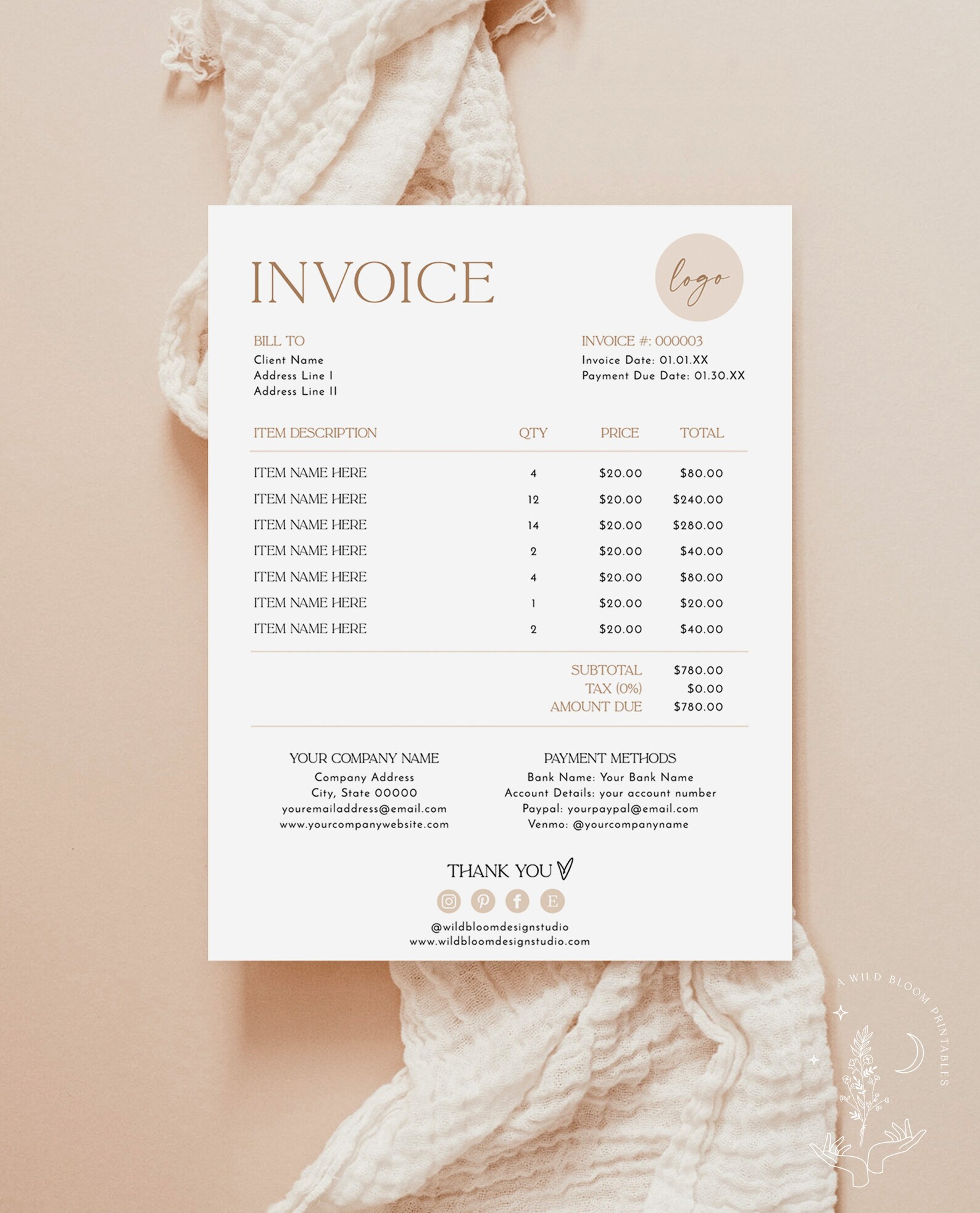 Minimalist Invoice Template, Boho Small Business, Modern Client Invoice ...