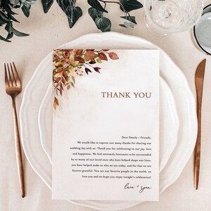 Fall Wedding Thank You Letter, Napkin Note, Place Cards, Rustic ...