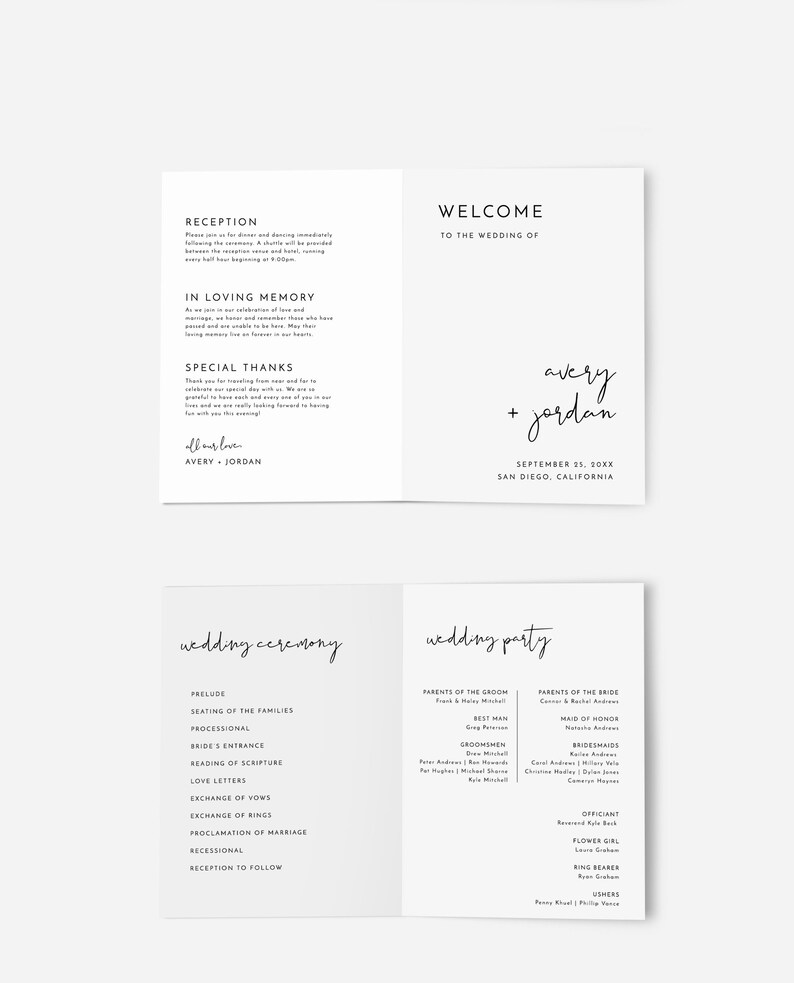 Minimalist Wedding Program Template Foldable Wedding Program - Etsy
