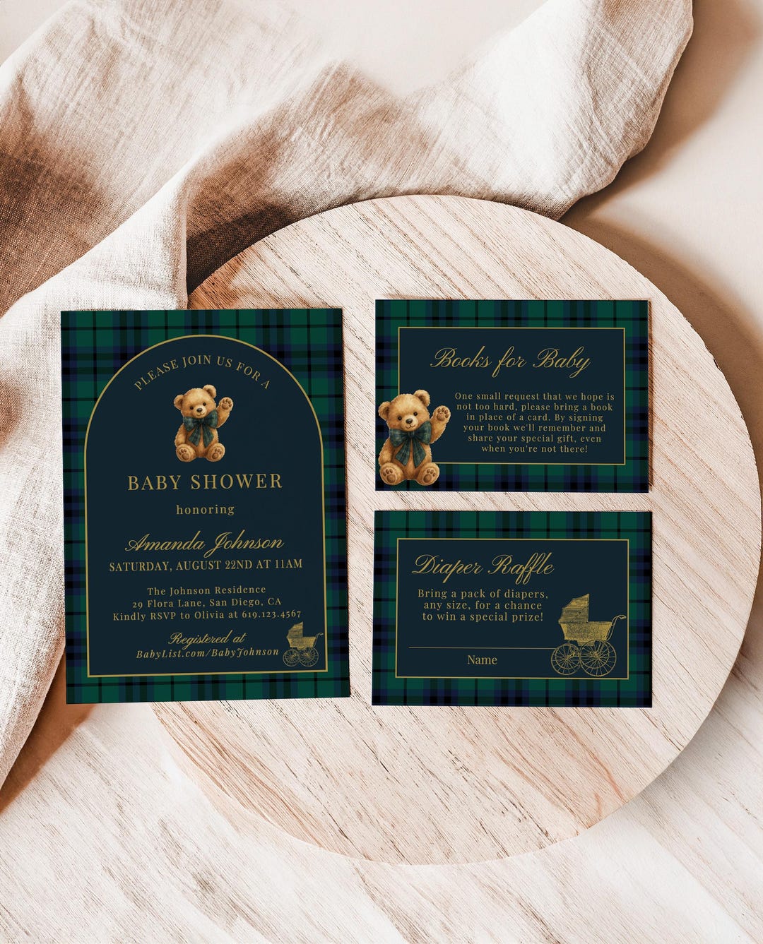 Classic Plaid Baby Shower Invitation Set Bear Dark Green Blue Plaid ...
