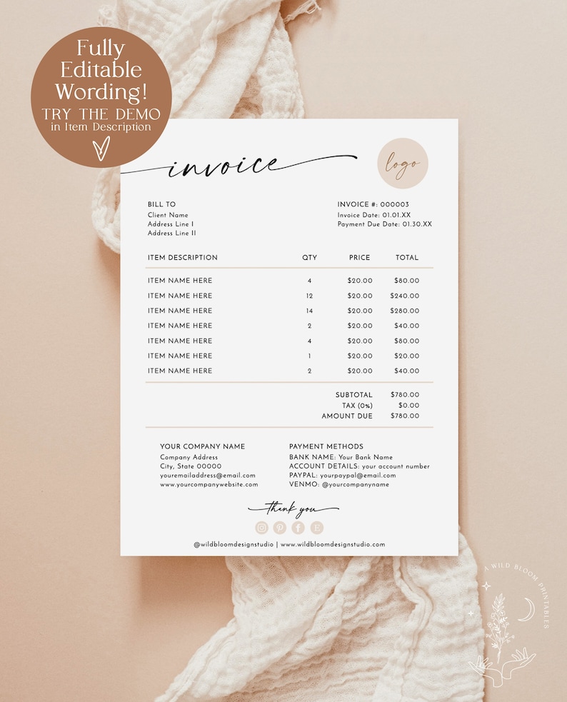 Minimalist Invoice Template Boho Small Business Modern - Etsy