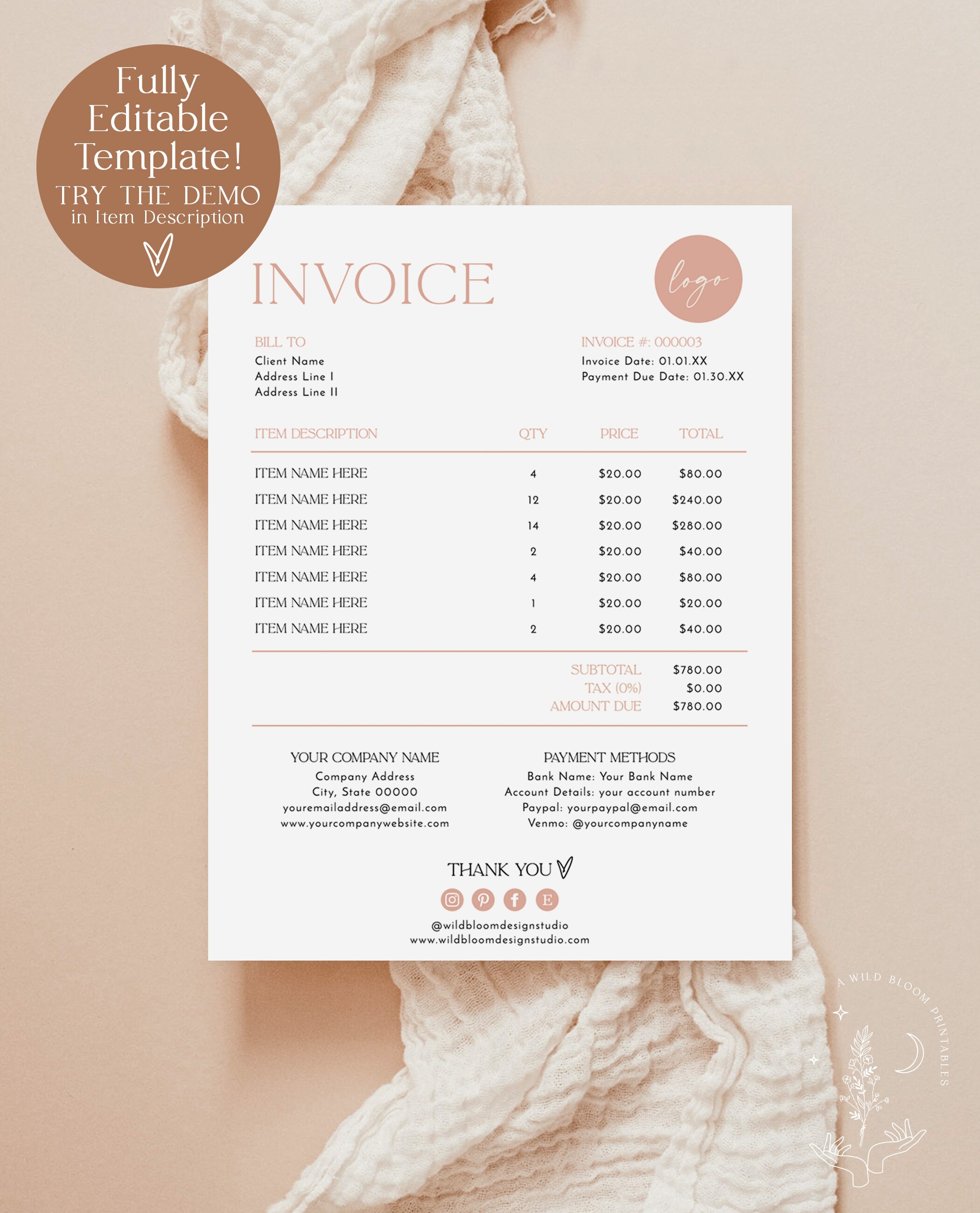 Minimalist Invoice Template, Boho Small Business, Modern Client Invoice ...