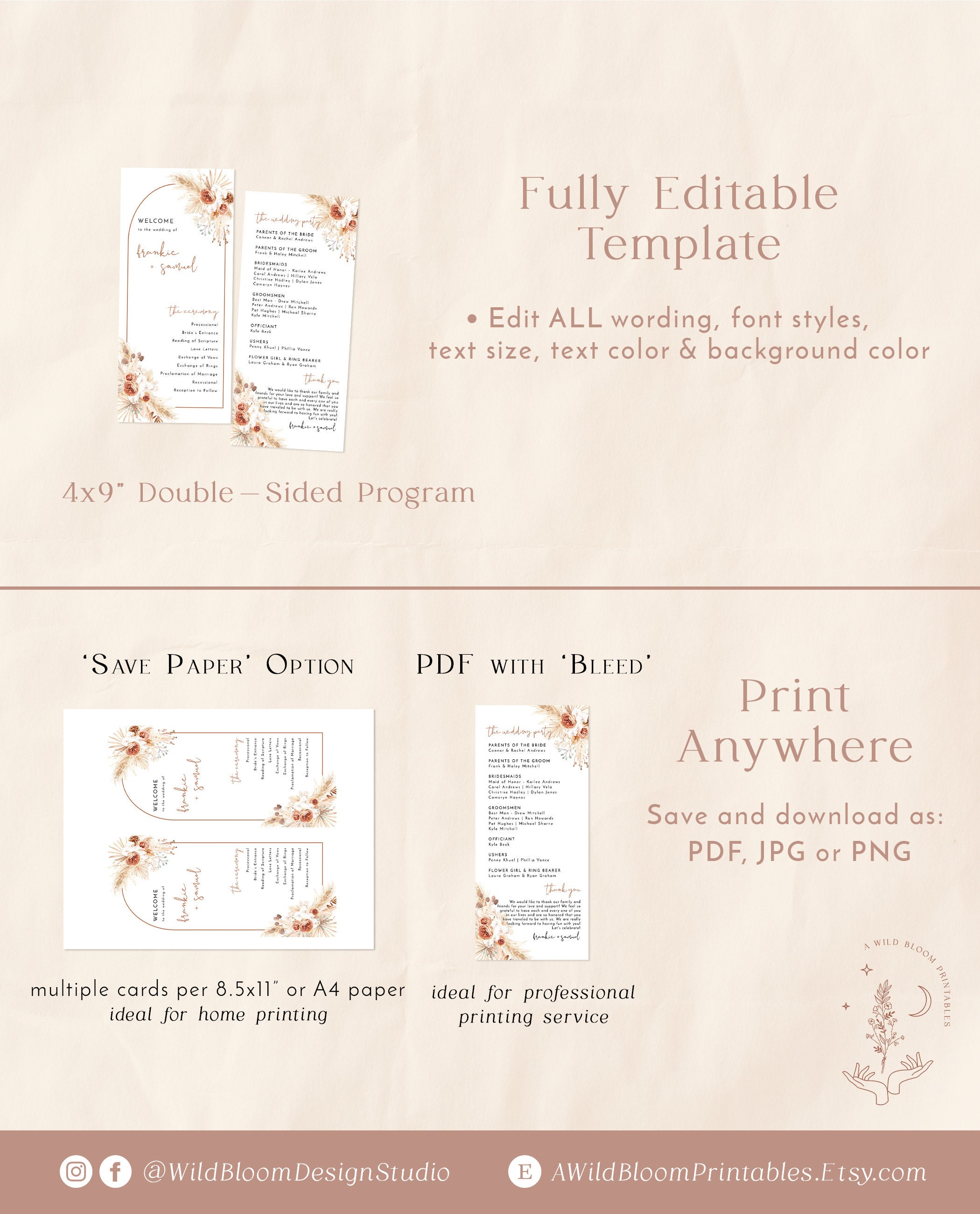 Bohemian Wedding Program, Desert Wedding Program, Printable Order of ...