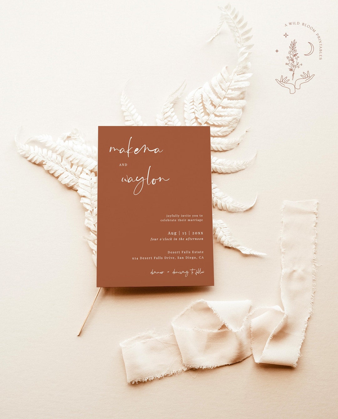 Burnt Orange Wedding Invitation Template, Minimalist Desert Wedding ...
