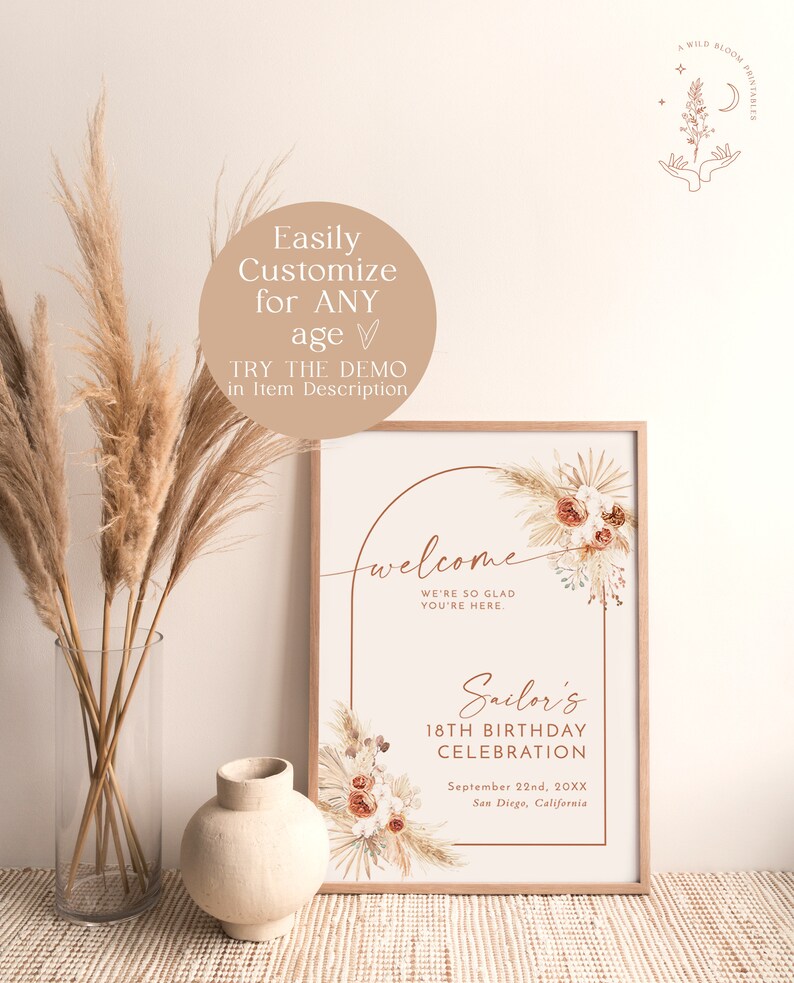 Boho Birthday Welcome Sign Pampas Grass Birthday Welcome Etsy