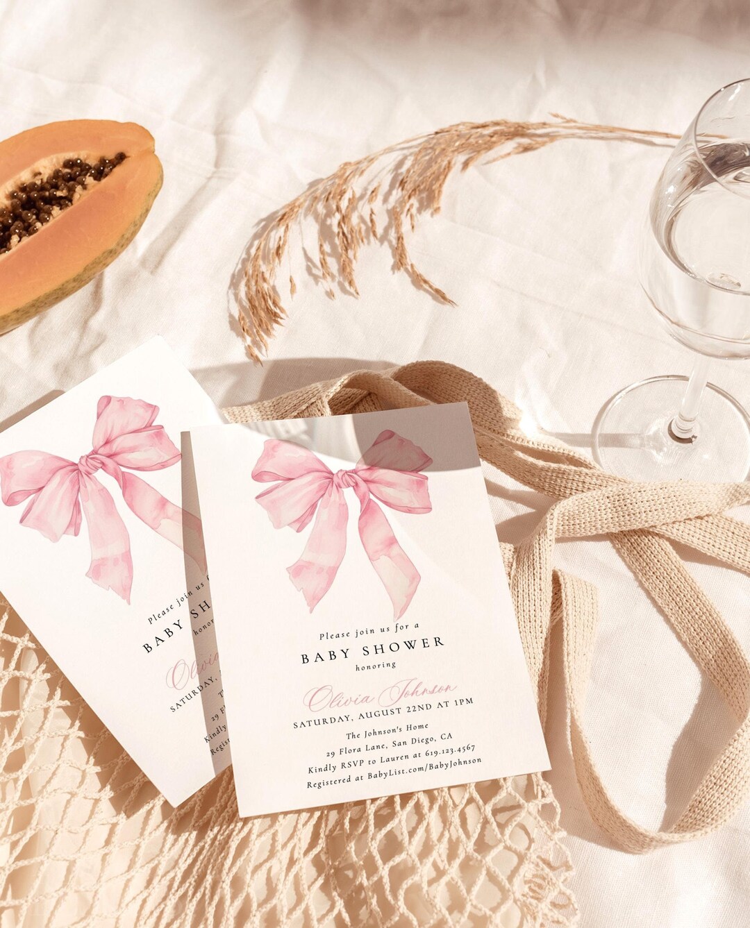 Pink Bow Baby Shower Invitation Template, Pastel Pink Baby Shower ...