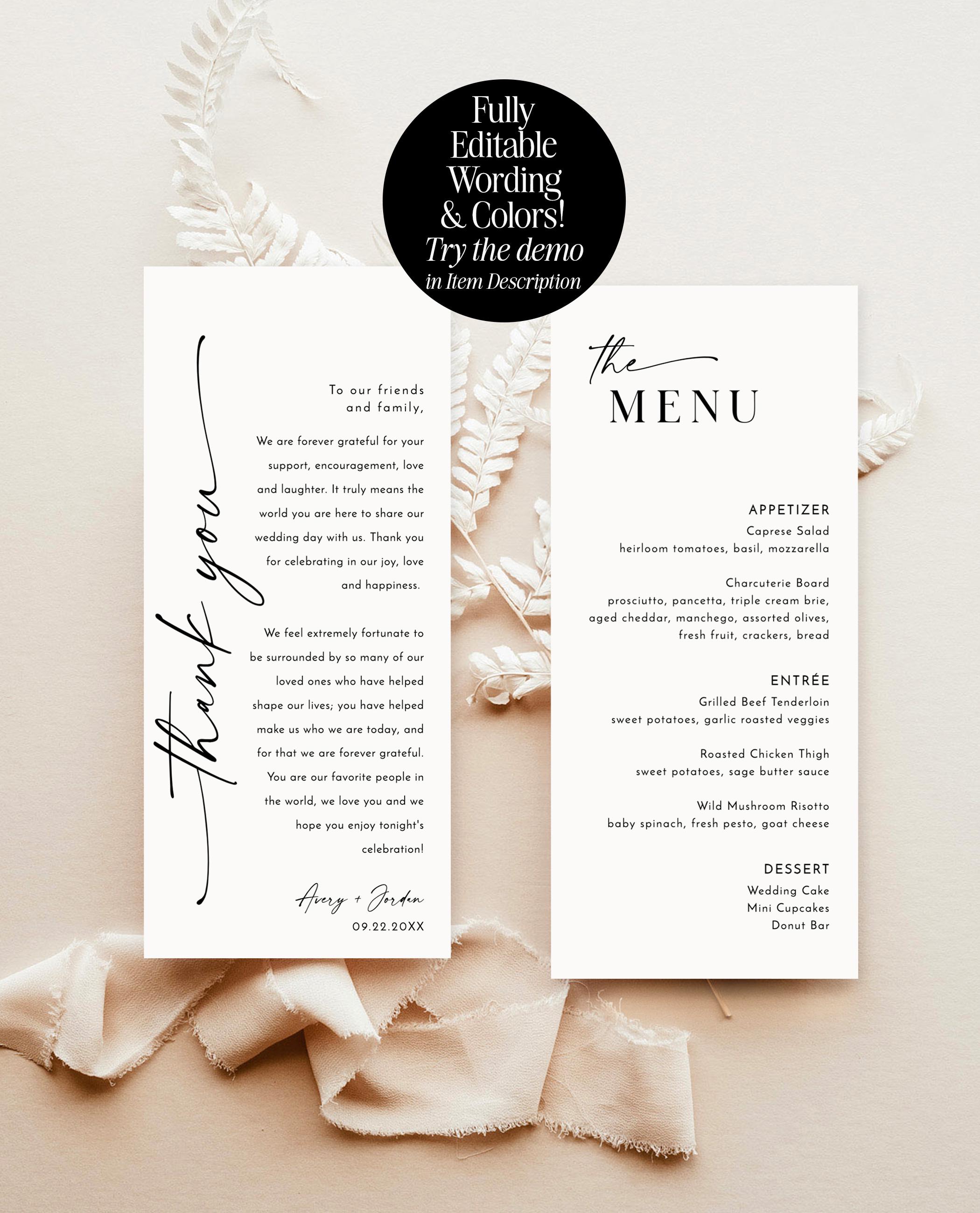 Menu and Thank You Letter, Wedding, Napkin Note, Modern Minimalist ...