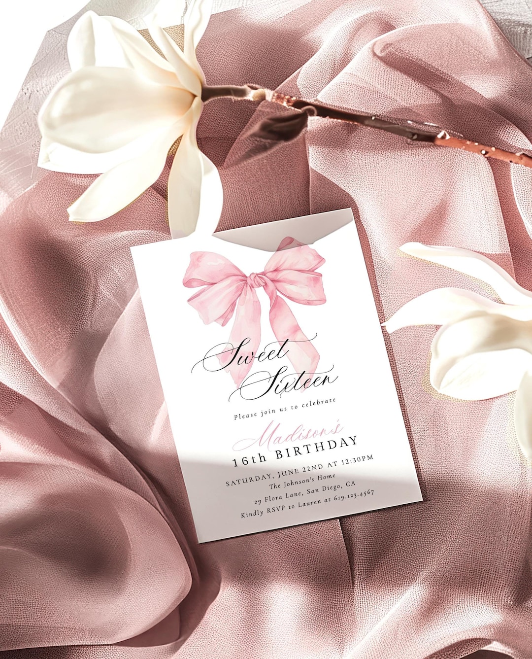 Pink Bow Sweet 16 Birthday Invitation Template, Pink Sweet Sixteen ...