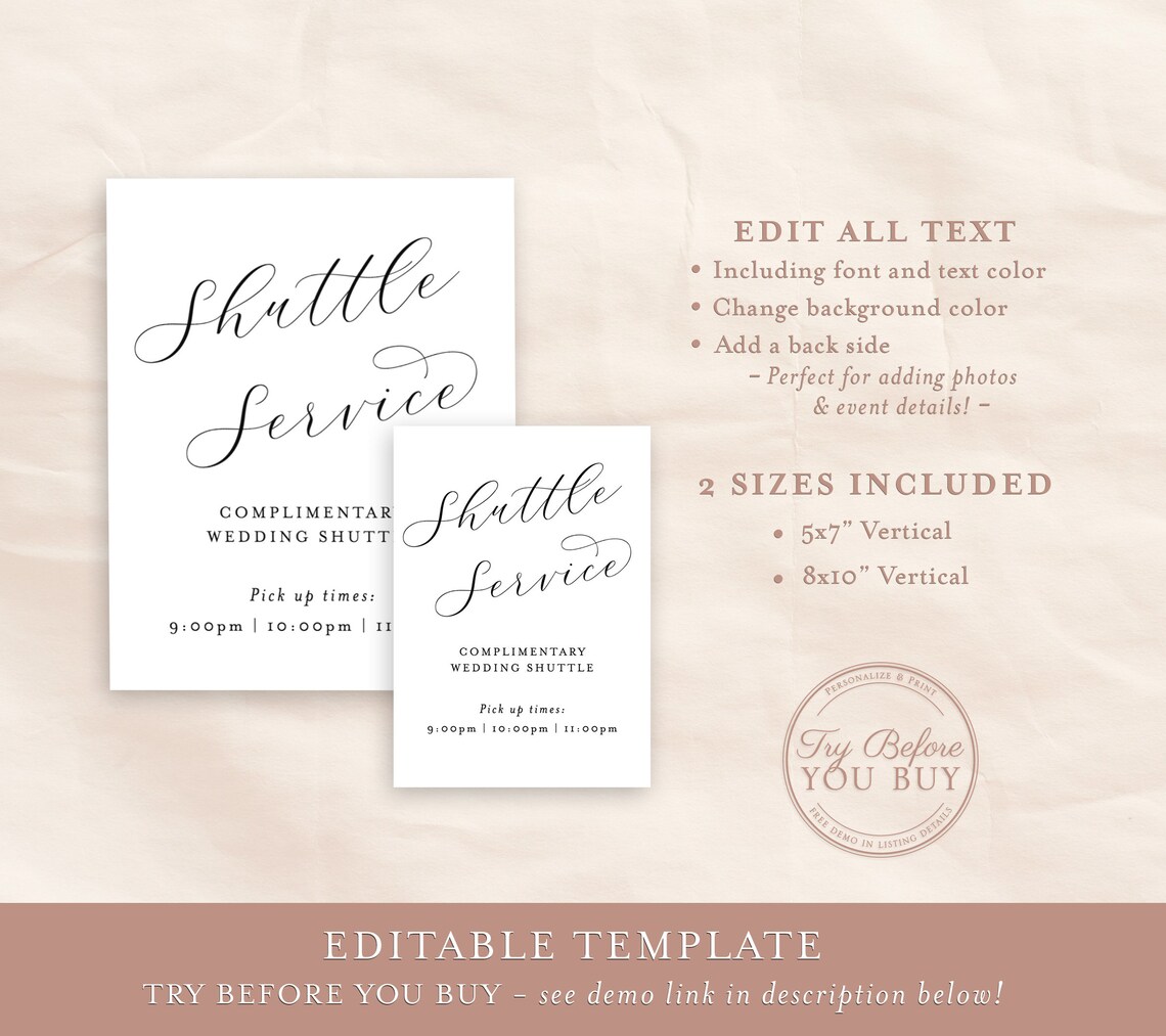 Shuttle Service Editable Sign Wedding Shuttle Pick Up Time | Etsy