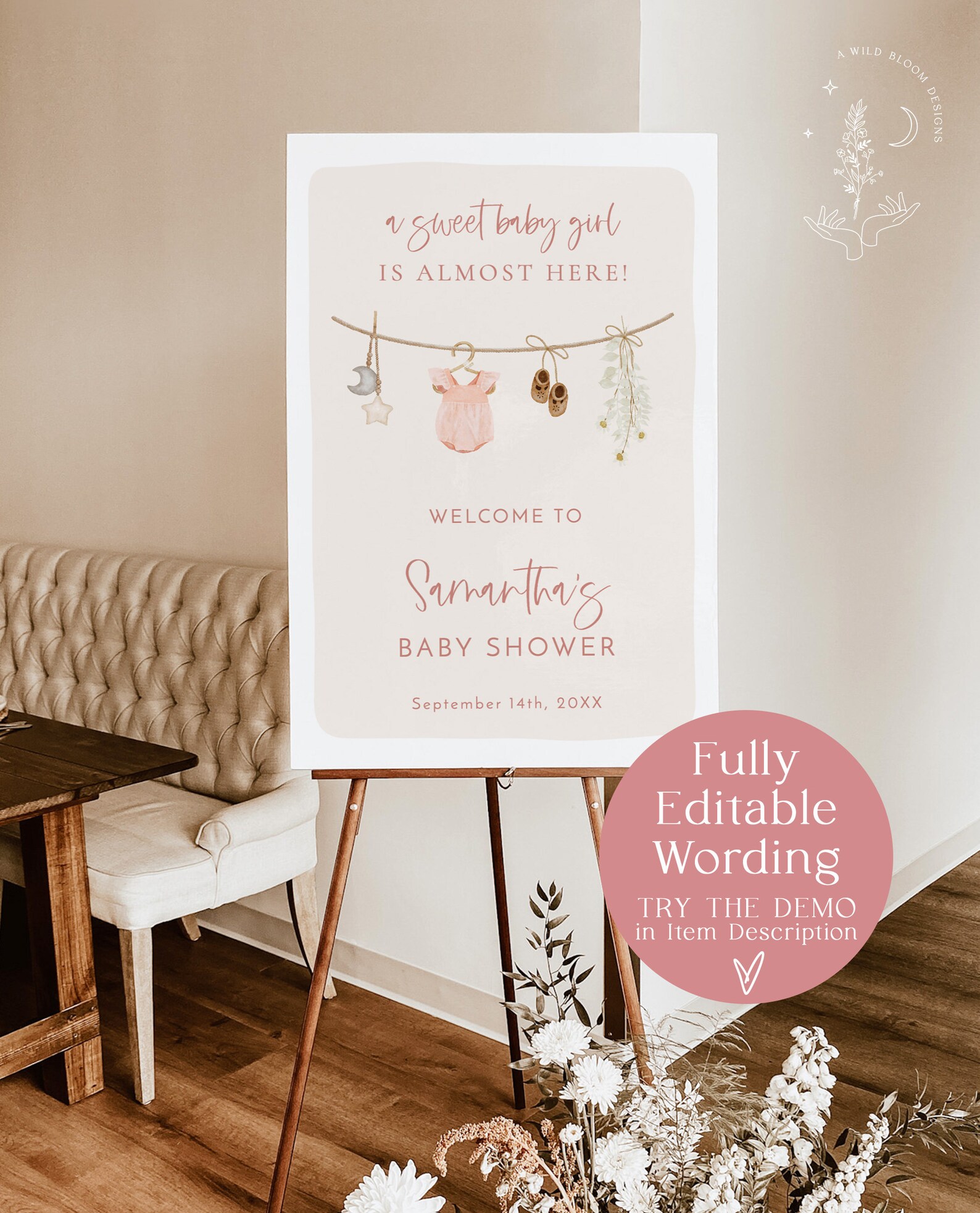 Girl Baby Shower Welcome Sign, Boho Baby Shower, Baby Clothes Shower ...