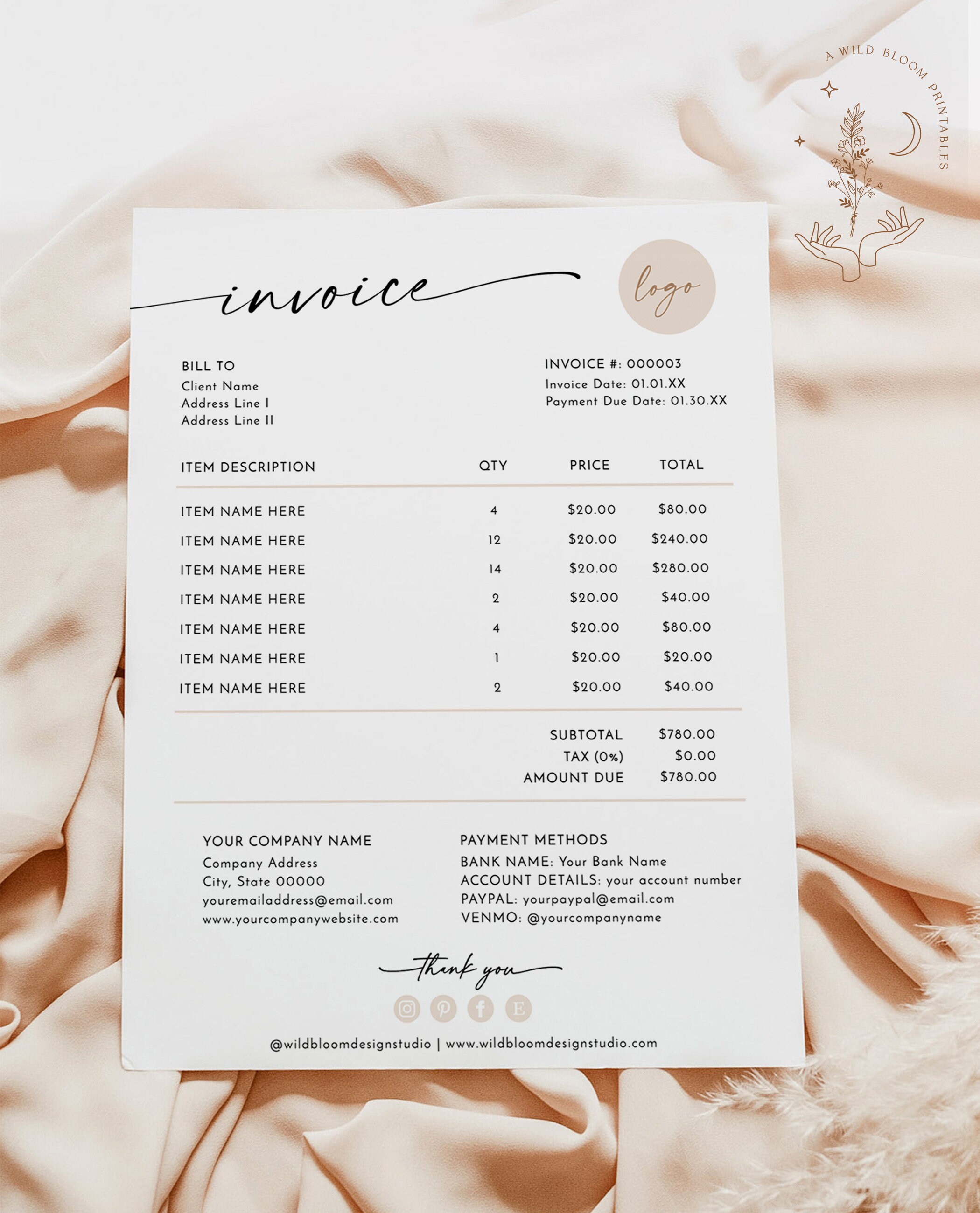 Minimalist Invoice Template Boho Small Business Modern - Etsy