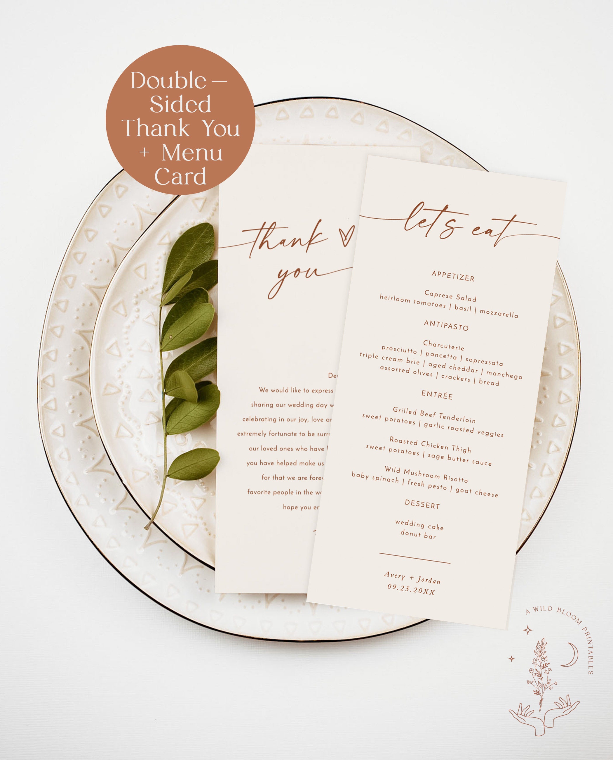 Minimalist Menu + Thank You Letter Template, Terracotta Wedding Napkin ...