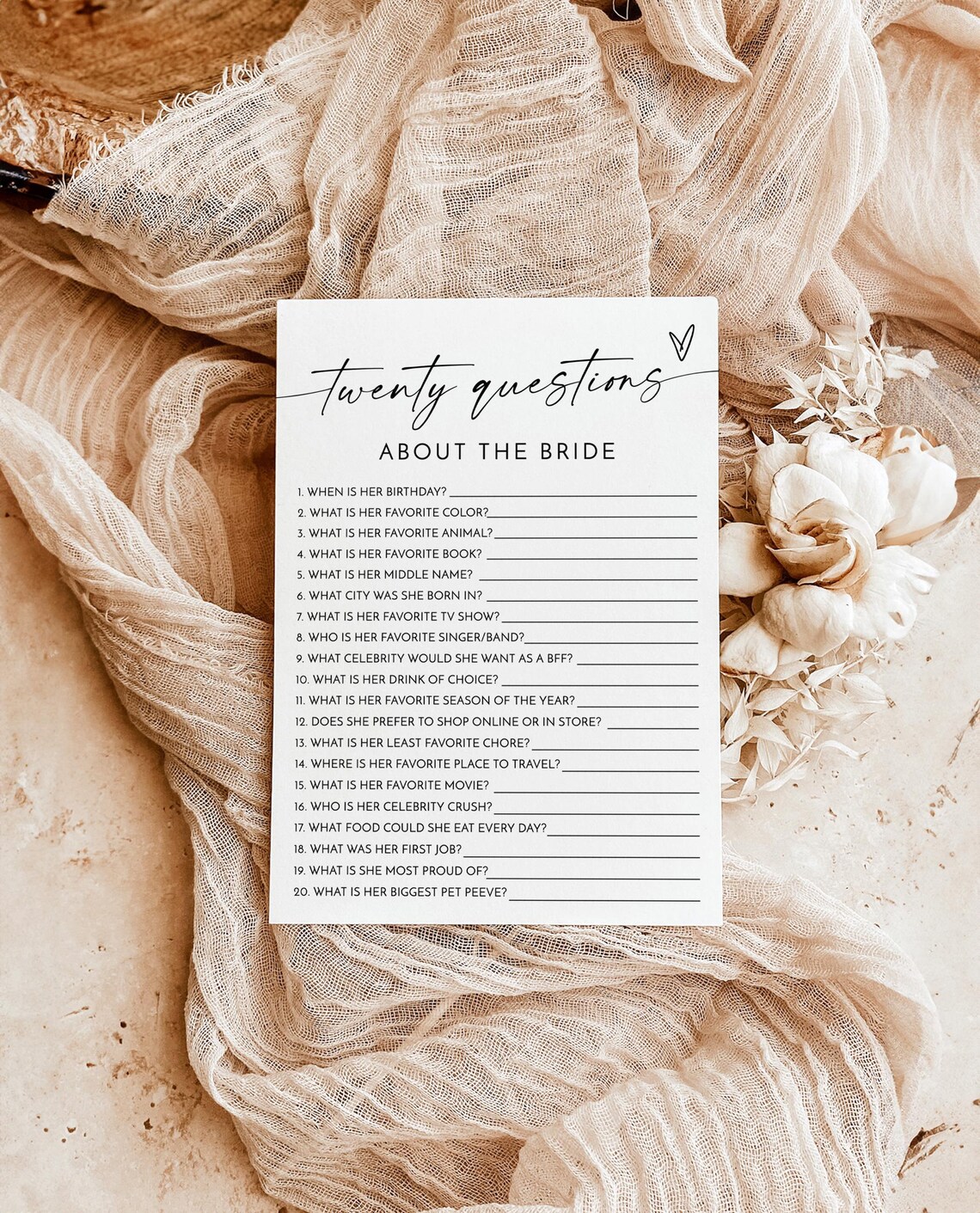 PRINTED + SHIPPED | 20 Questions About the Bride | Modern Bridal Trivia ...