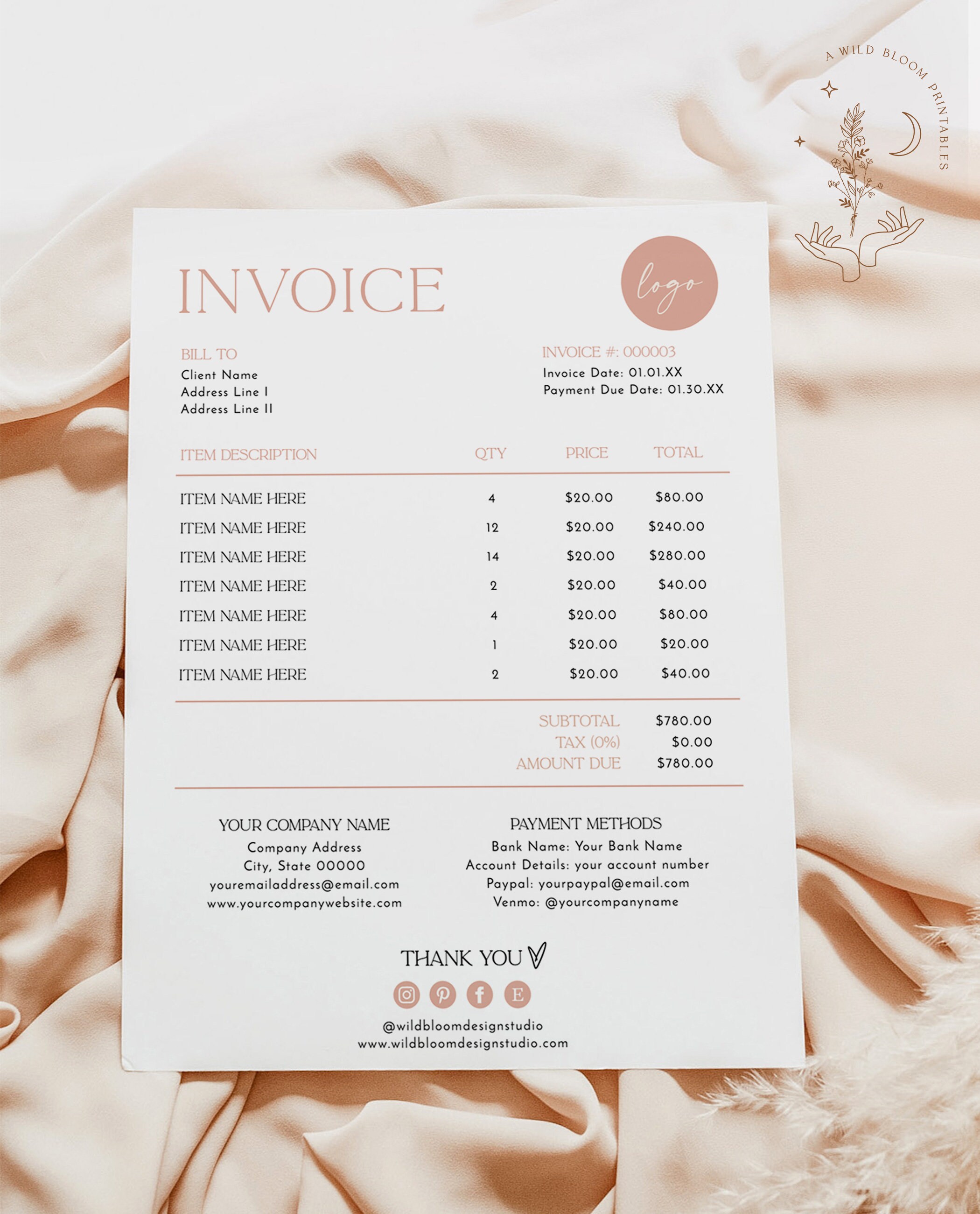 Minimalist Invoice Template, Boho Small Business, Modern Client Invoice ...