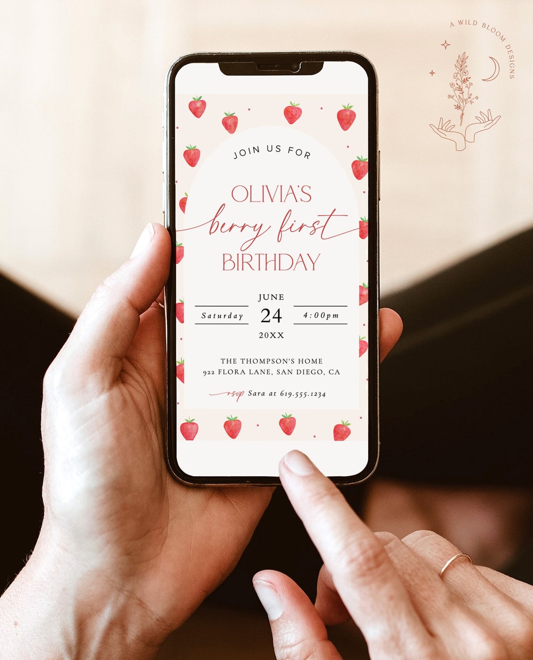 Strawberry 1st Birthday Text Invite Template Girl Birthday Party Berry ...