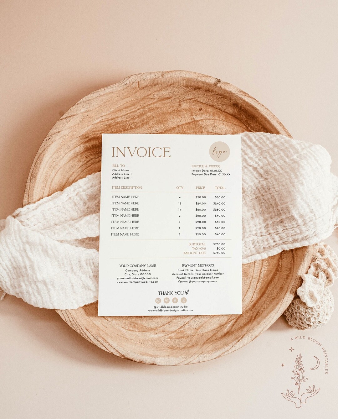 Minimalist Invoice Template, Boho Small Business, Modern Client Invoice ...