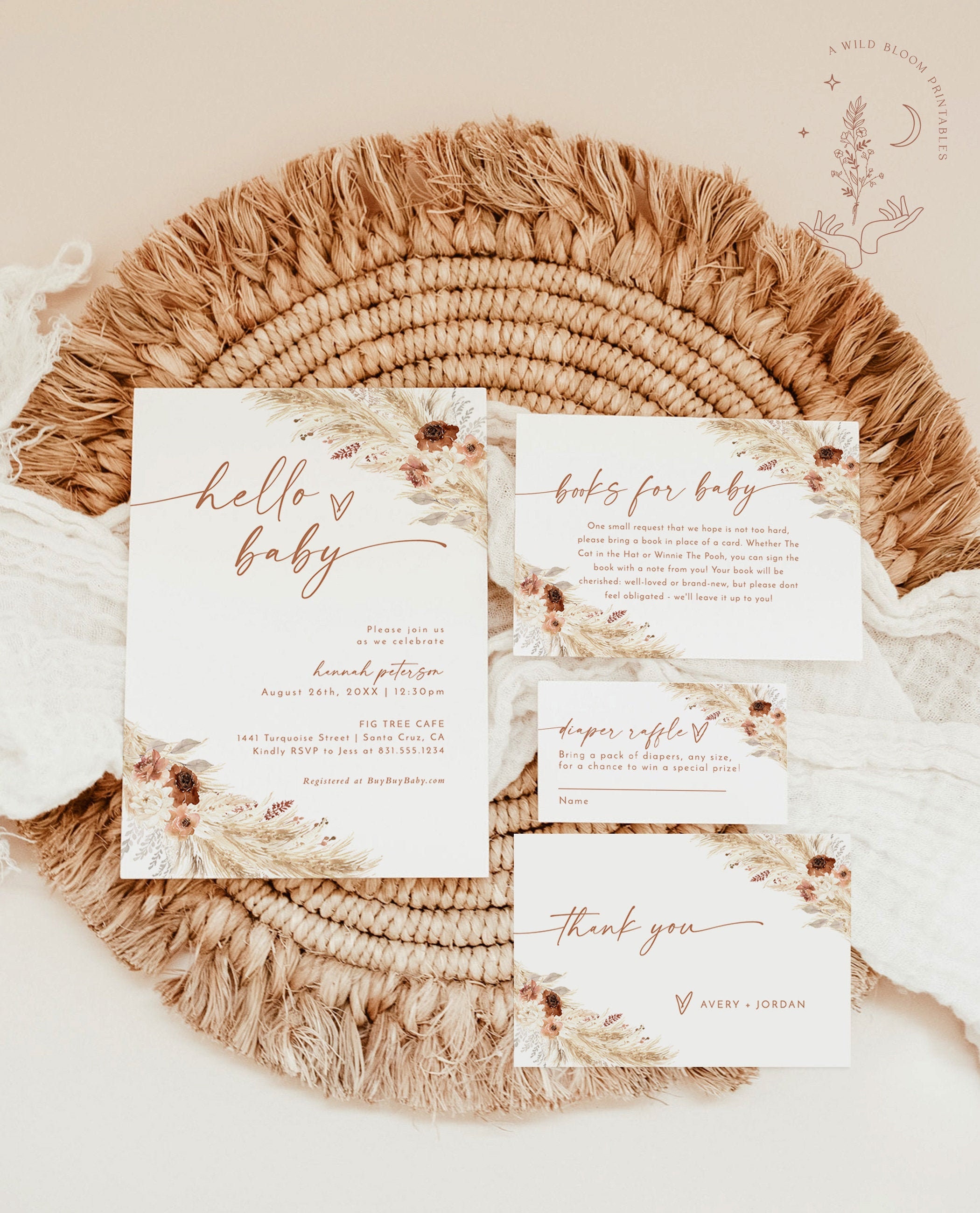 Boho Baby Shower Invitation Girl Baby Shower Bundle Pampas - Etsy
