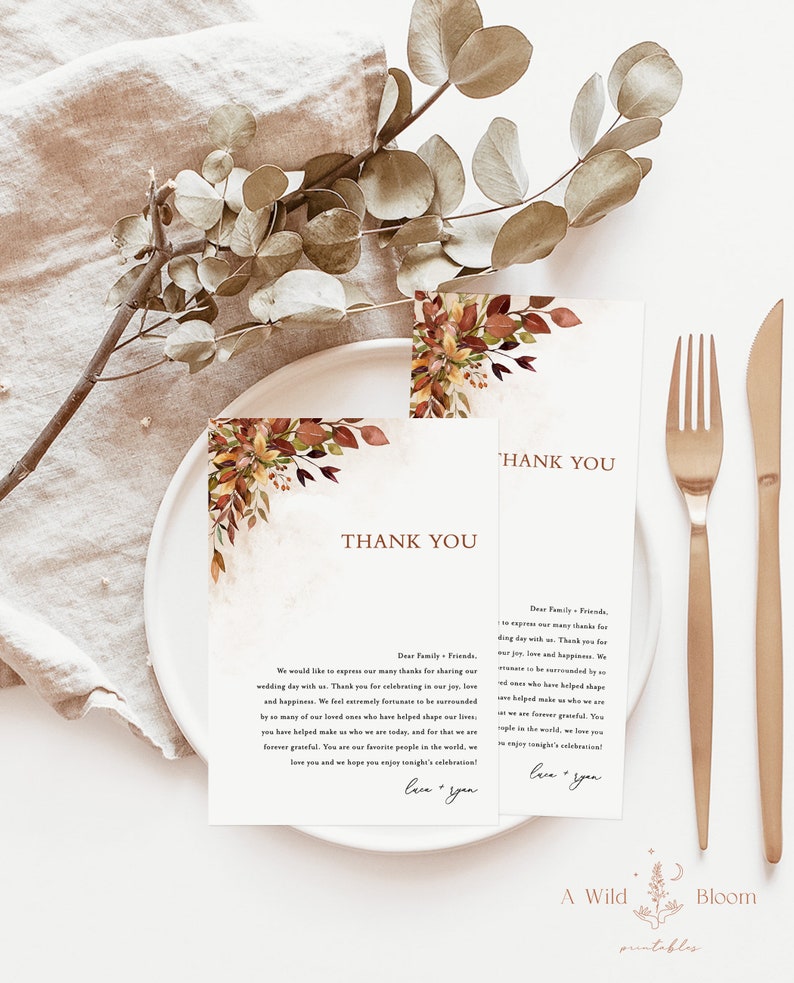 Fall Wedding Thank You Letter, Napkin Note, Place Cards, Rustic ...