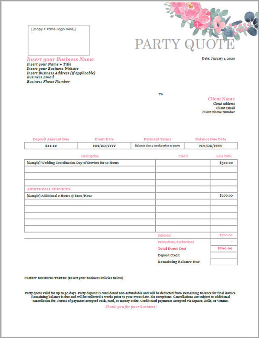 Price Quote Template (PDF PRINTABLE + EDITABLE) Proposal Estimate Form ...