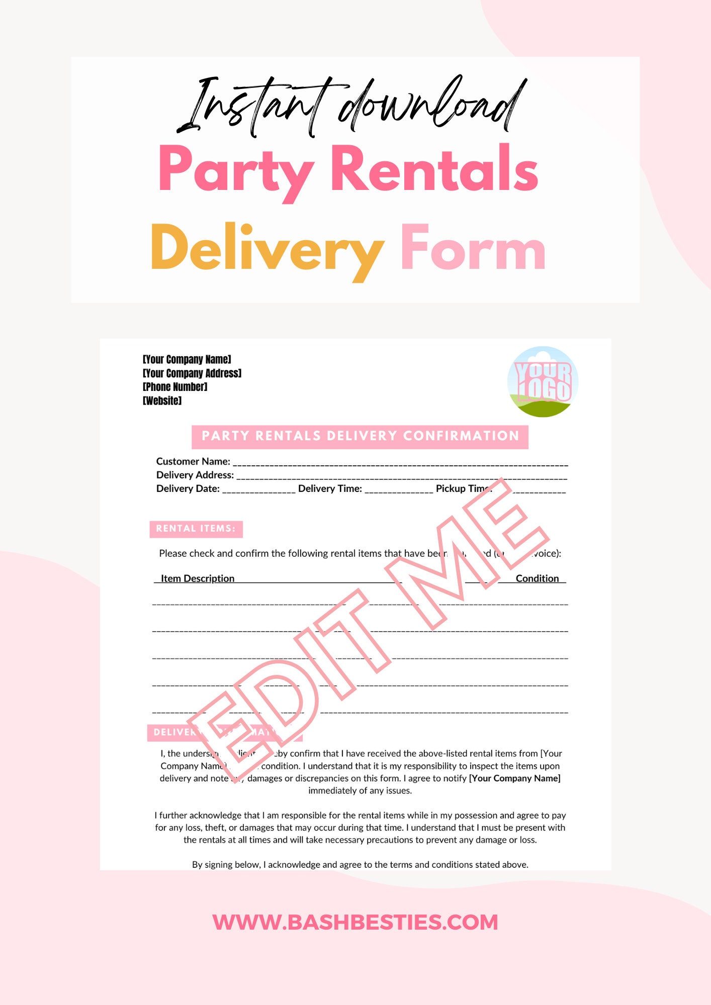 Party Rentals Delivery Confirmation Agreement Form (event Planners ...