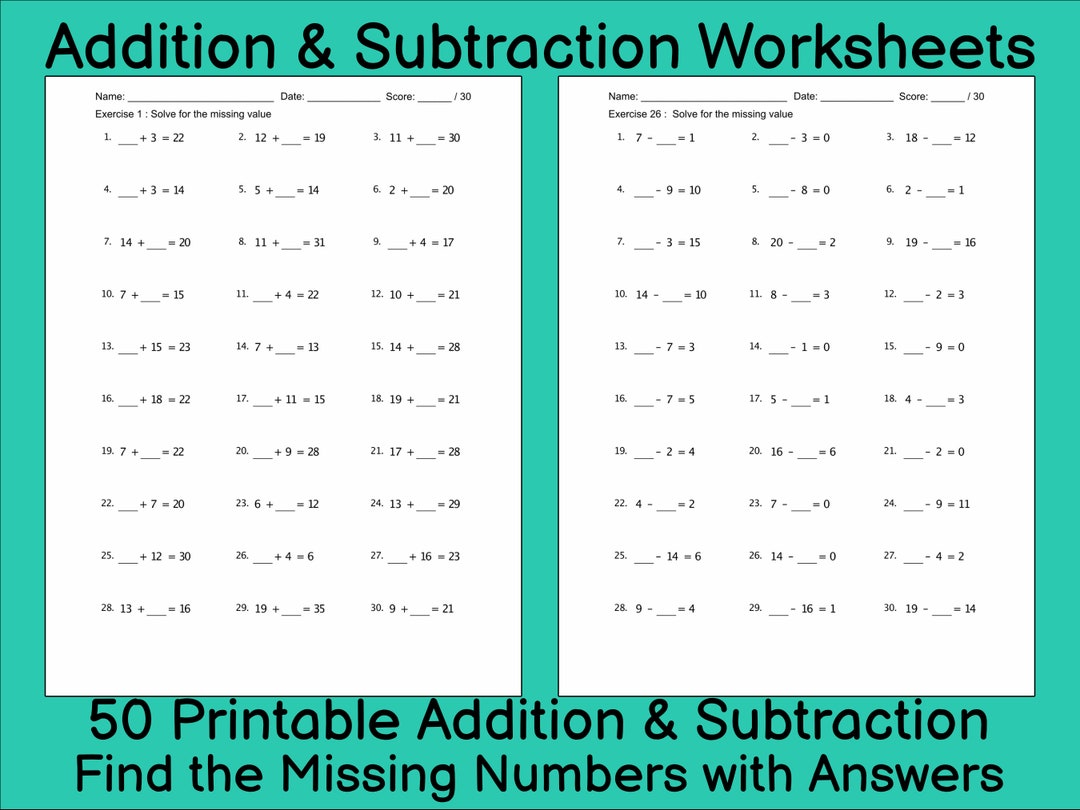 Addition And Subtraction Worksheet Find The Missing Numbers Etsy