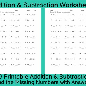Addition and Subtraction Worksheet. Find the Missing Numbers - Etsy