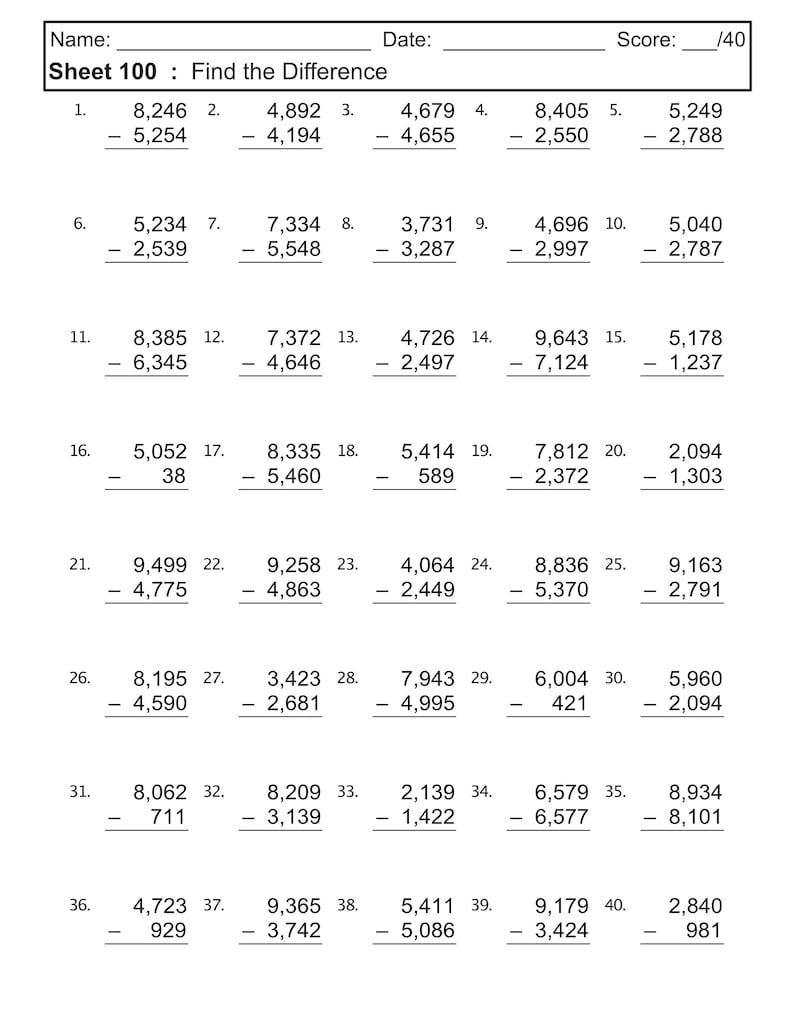 Subtraction Worksheet 100 Practice Sheets With Answers - Etsy