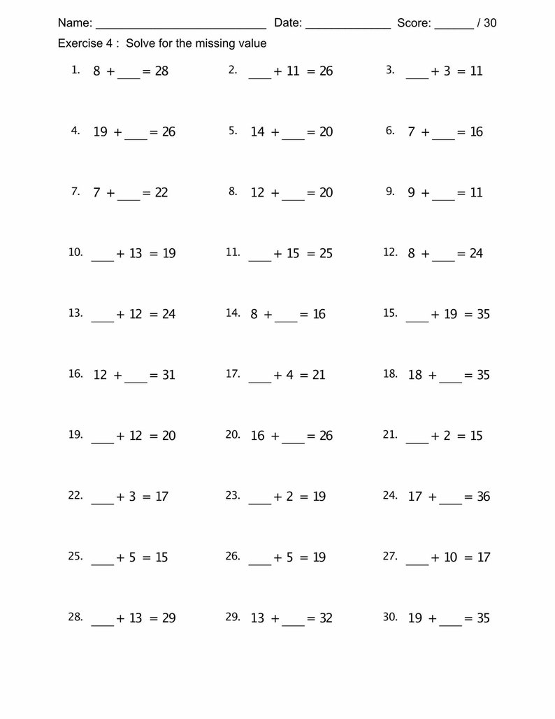 Addition and Subtraction Worksheet. Find the Missing Numbers - Etsy