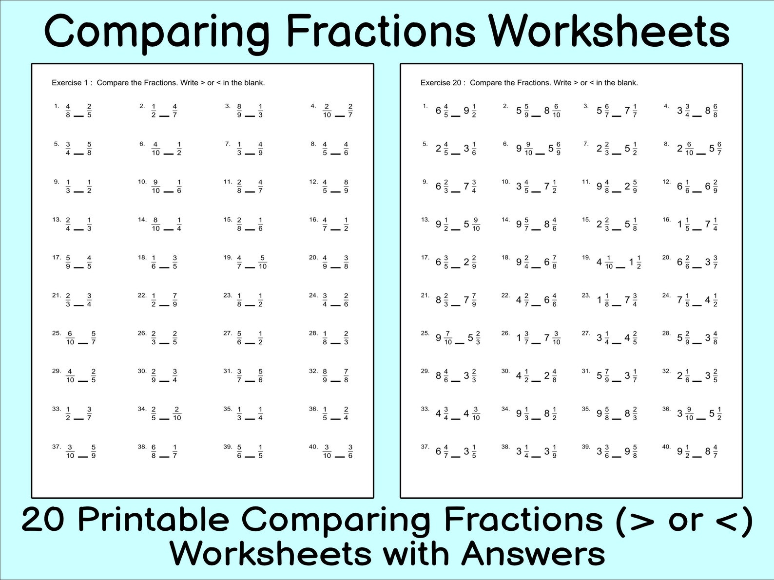 Comparing Fractions Worksheets. 20 printable worksheets to | Etsy