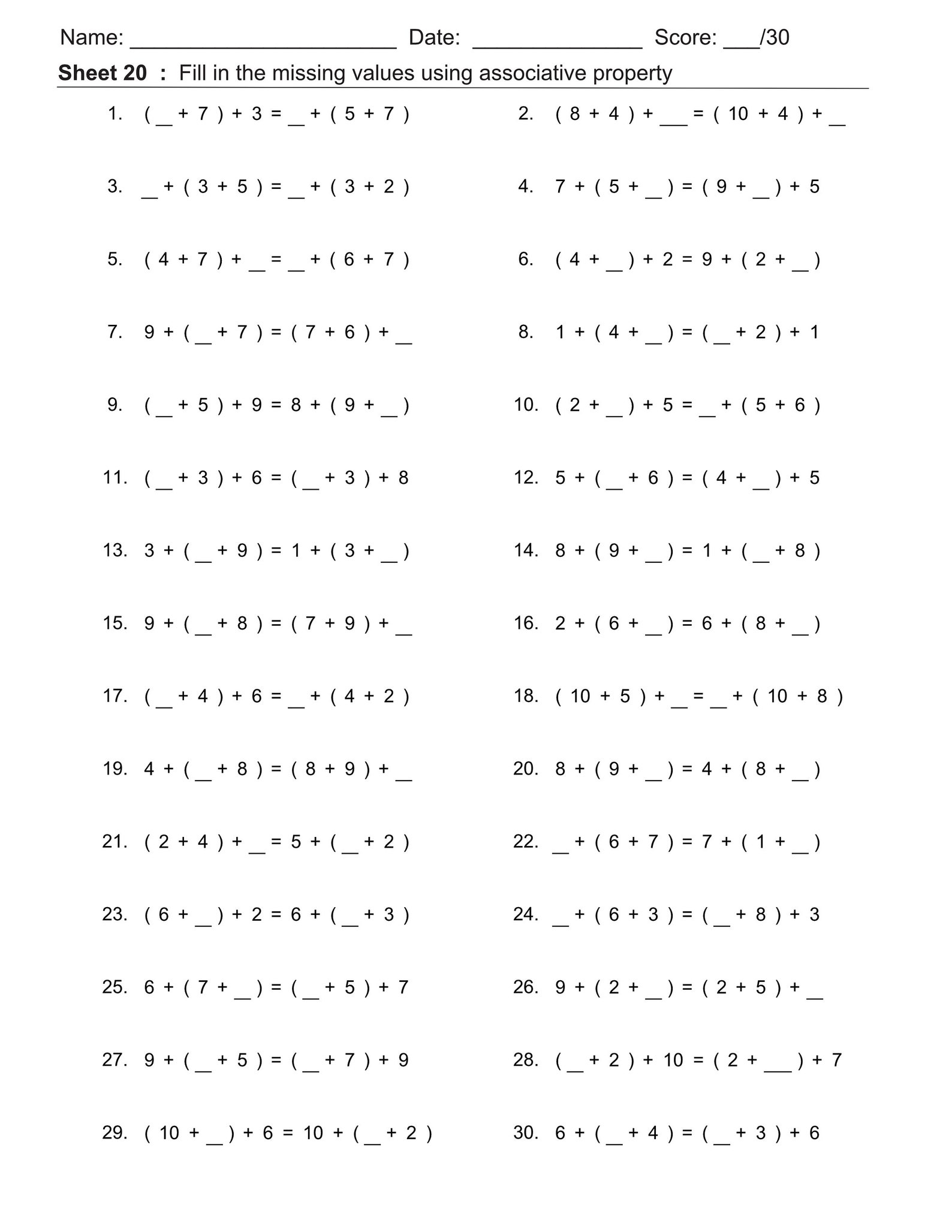 Math Worksheets. 50 Associative Property Addition and - Etsy
