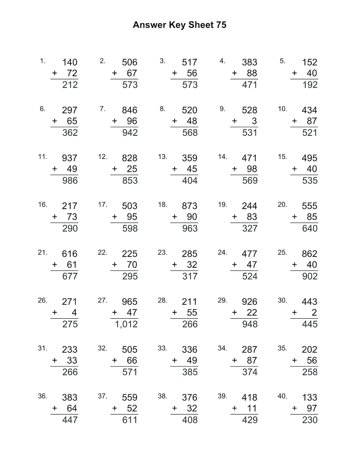 Addition Worksheet 100 Practice sheets with Answers Single | Etsy