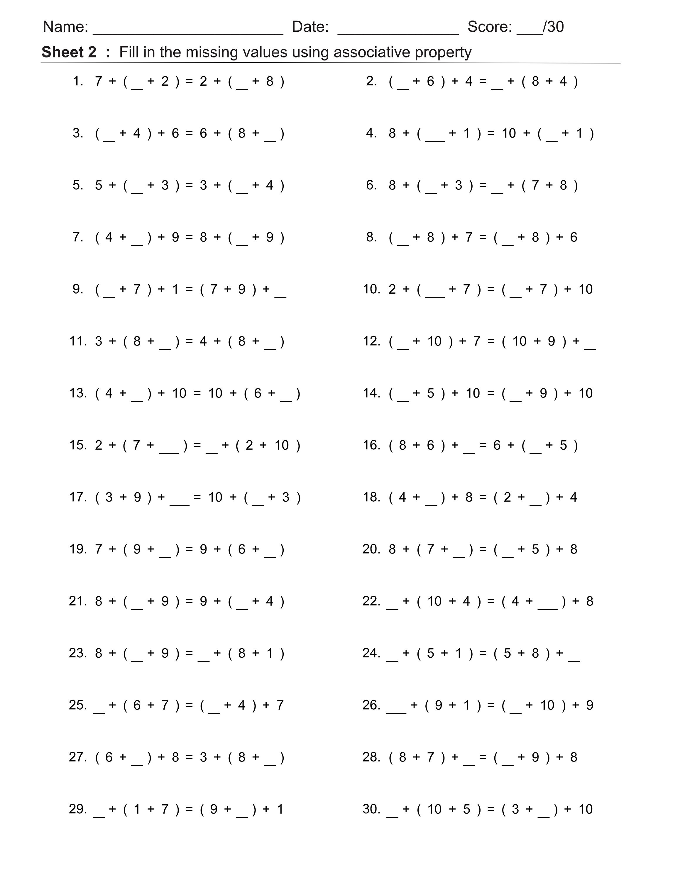 Math Worksheets. 50 Associative Property Addition and - Etsy