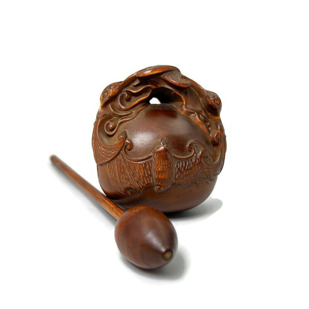 Boxwood Carved Bat Muyu, Taoism and Buddhism Musical Instrument, With ...