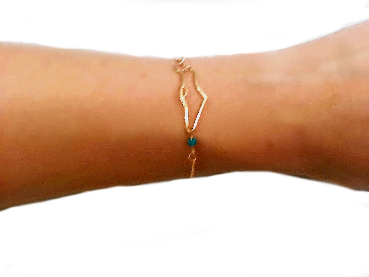 Israel Map Bracelet, Map of Israel Pendant, Gold Israel Outline Jewelry, Turquoise Bead Charm ...