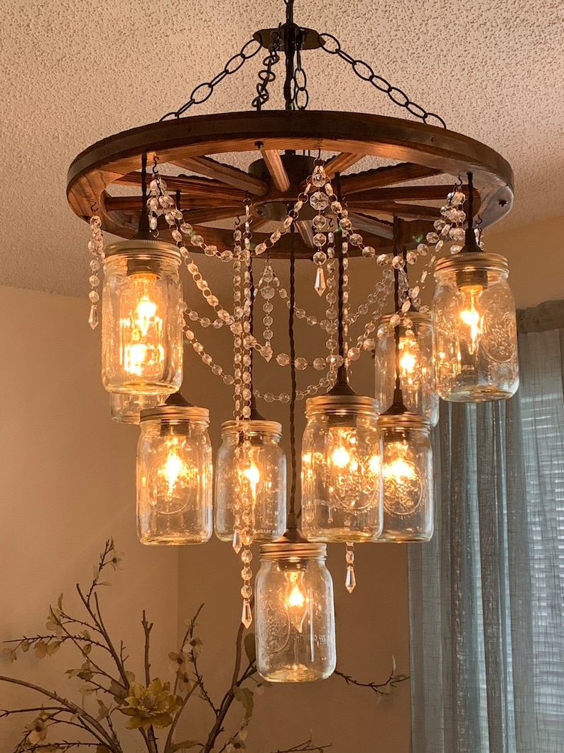 Wagon Wheel Chandelier With Mason Jar Lights - Etsy