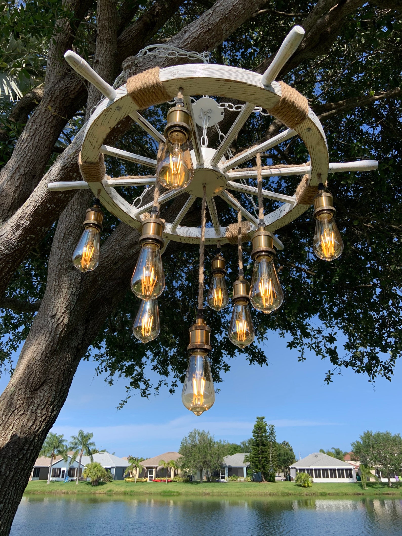 Nautical Wheel Chandelier With Rope Lights - Etsy