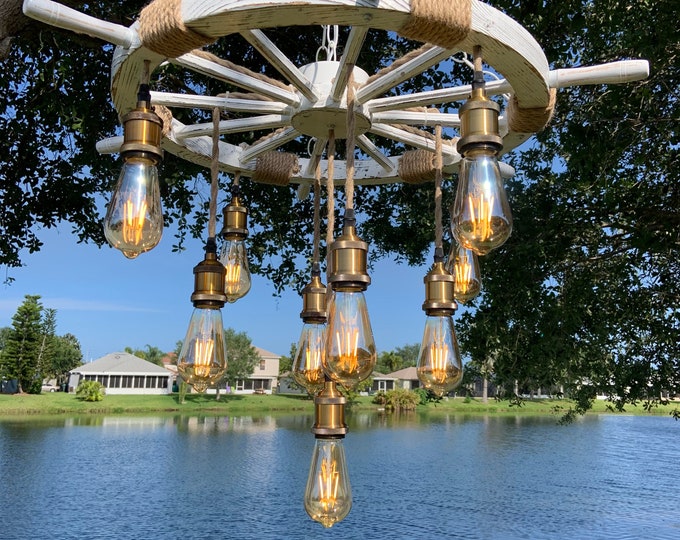 Nautical Wheel Chandelier With Rope Lights - Etsy