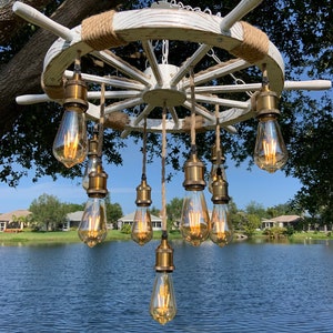 Nautical Wheel Chandelier With Rope Lights - Etsy