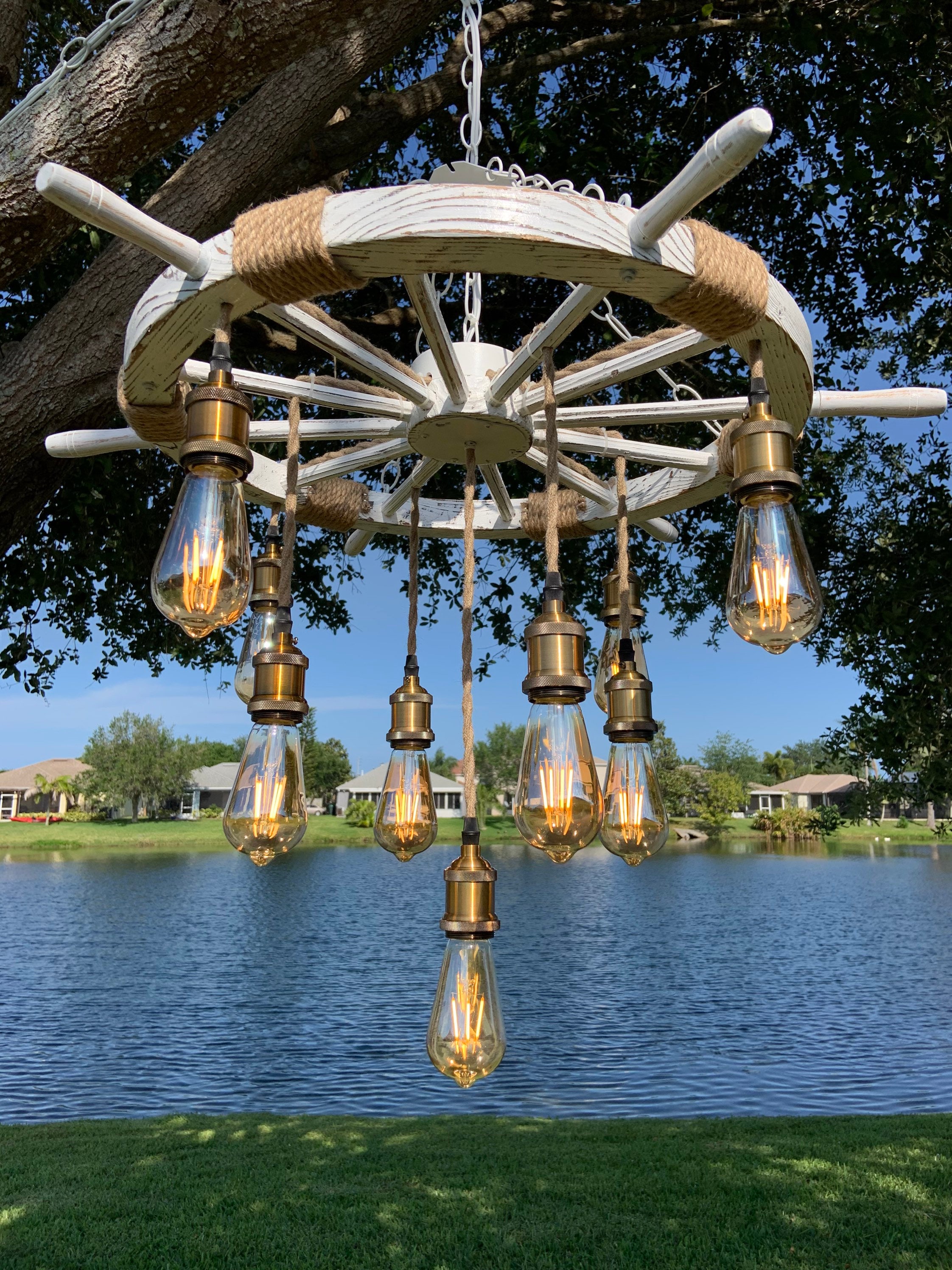 Nautical Wheel Chandelier With Rope Lights - Etsy