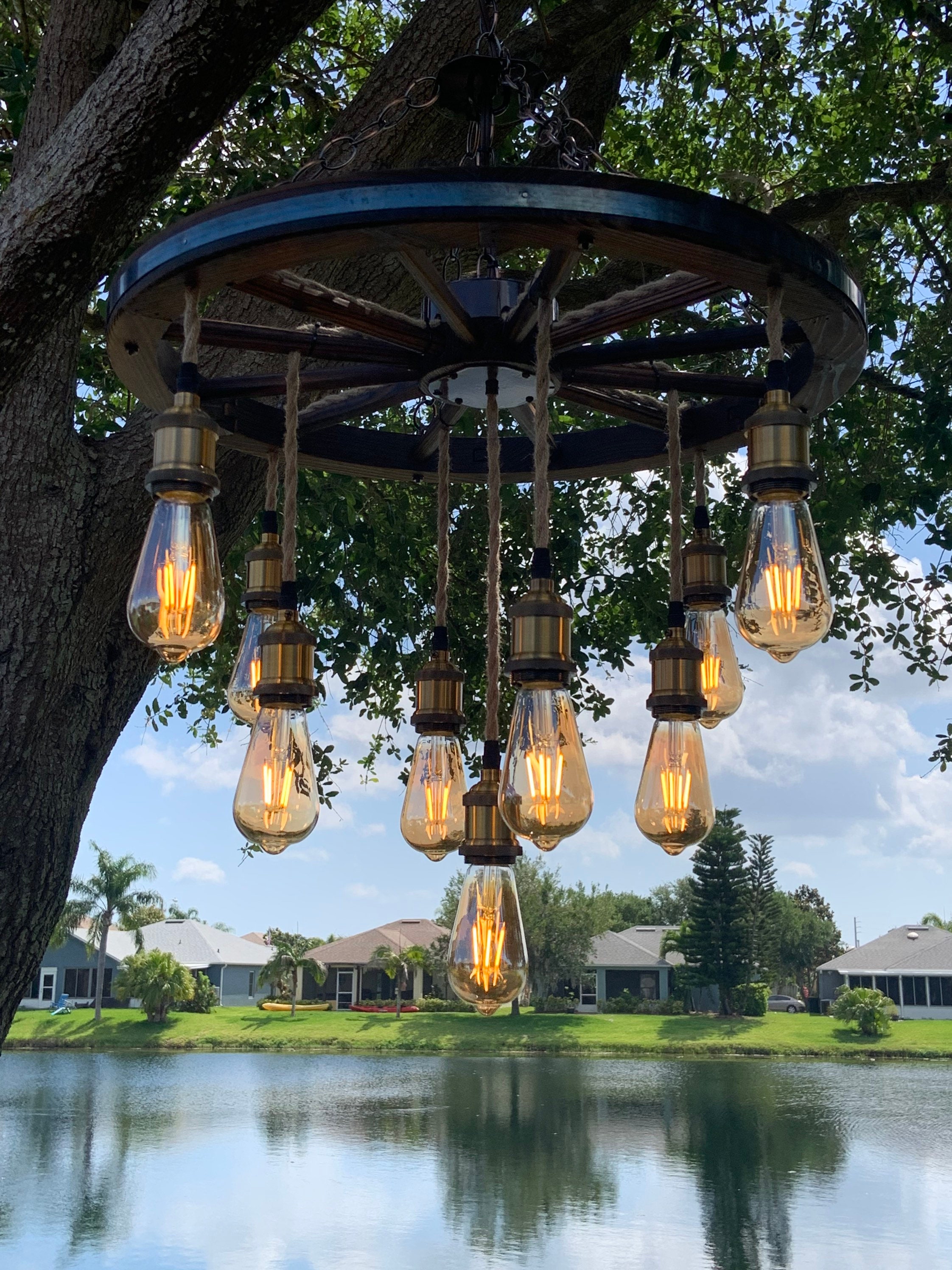 Wagon Wheel Chandelier With 3 Tiers of Vintage Rope Lights - ROPE ...