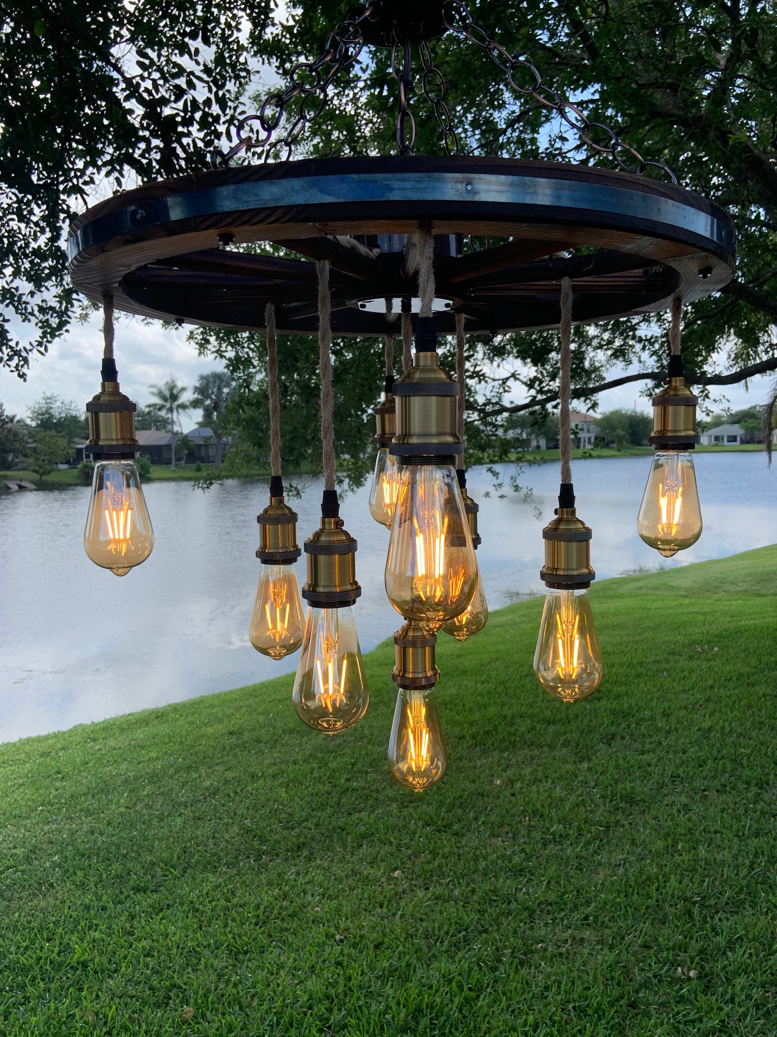 Wagon Wheel Chandelier With 3 Tiers of Vintage Rope Lights - ROPE ...