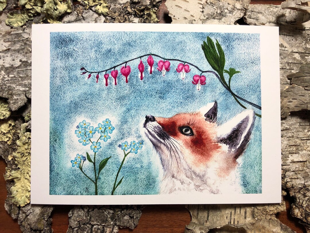 Garden Fox - Fine Art Print - Bleeding Hearts, Forget-me-nots, Baby Fox ...